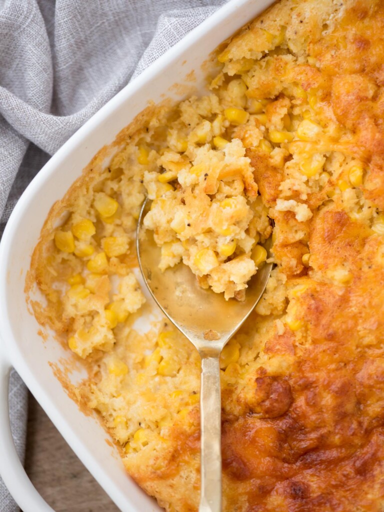 Old Fashioned Cheesy Cornbread Casserole - Sweetly Splendid